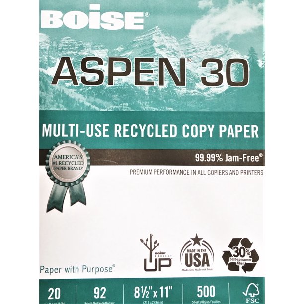 Boise Aspen 30 Copy Paper, White, 92 Bright, Recycled, 500 Sheets ...