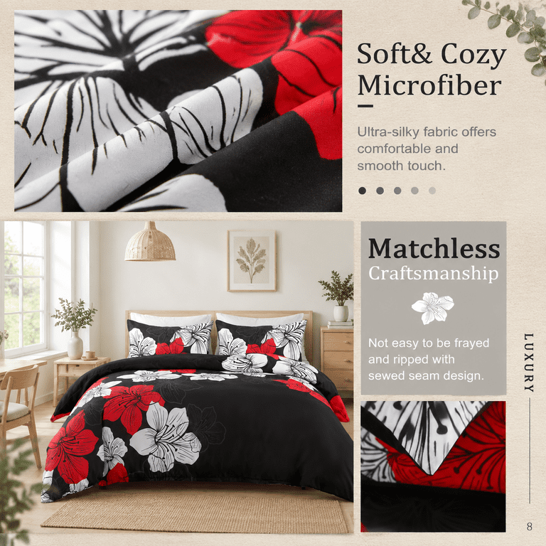 Red King Size 3 Piece Floral Boho Microfiber Comforter Bedding Set ...