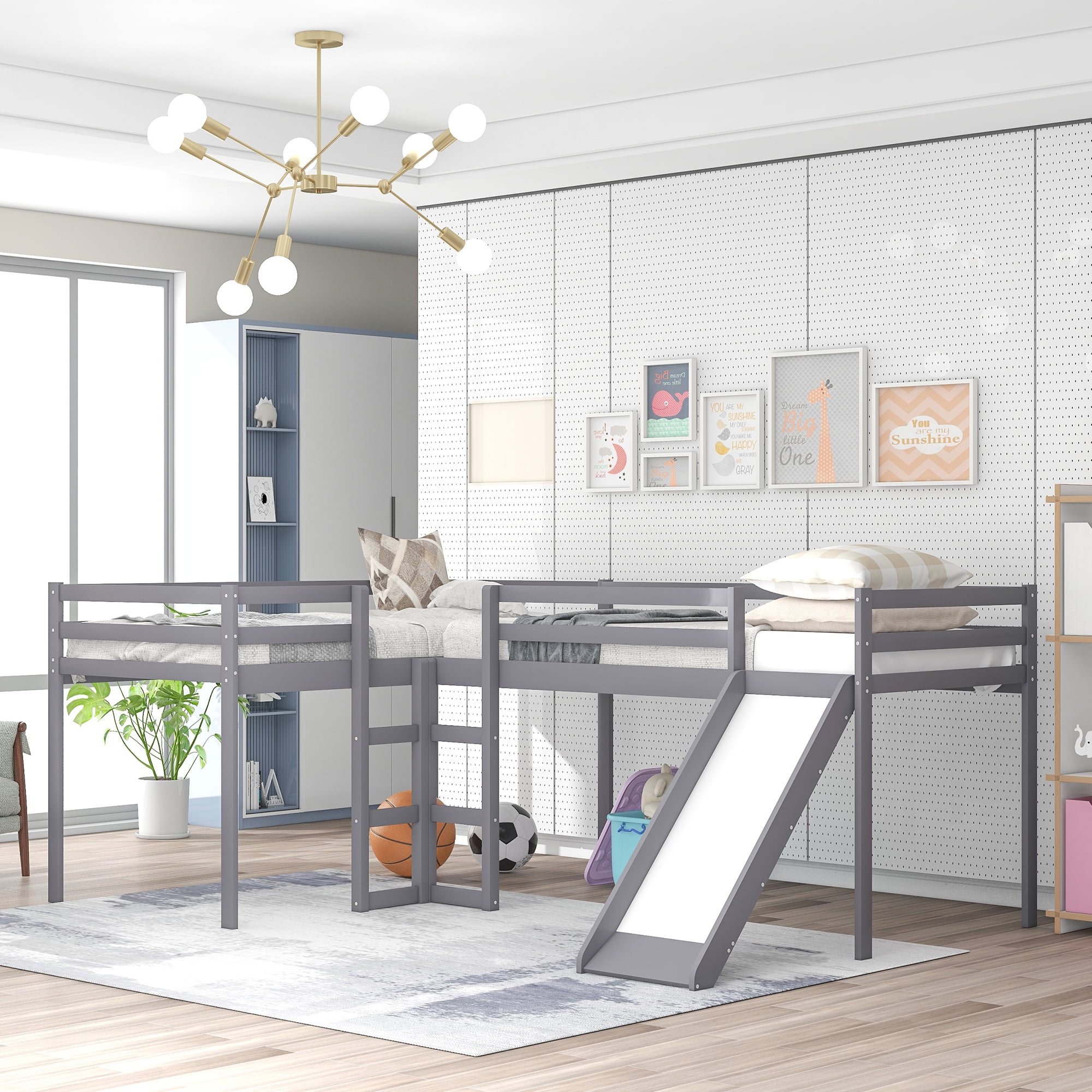 Euroco Wooden L-Shaped Loft Bed, 2 beds in 1, Gray - Walmart.com