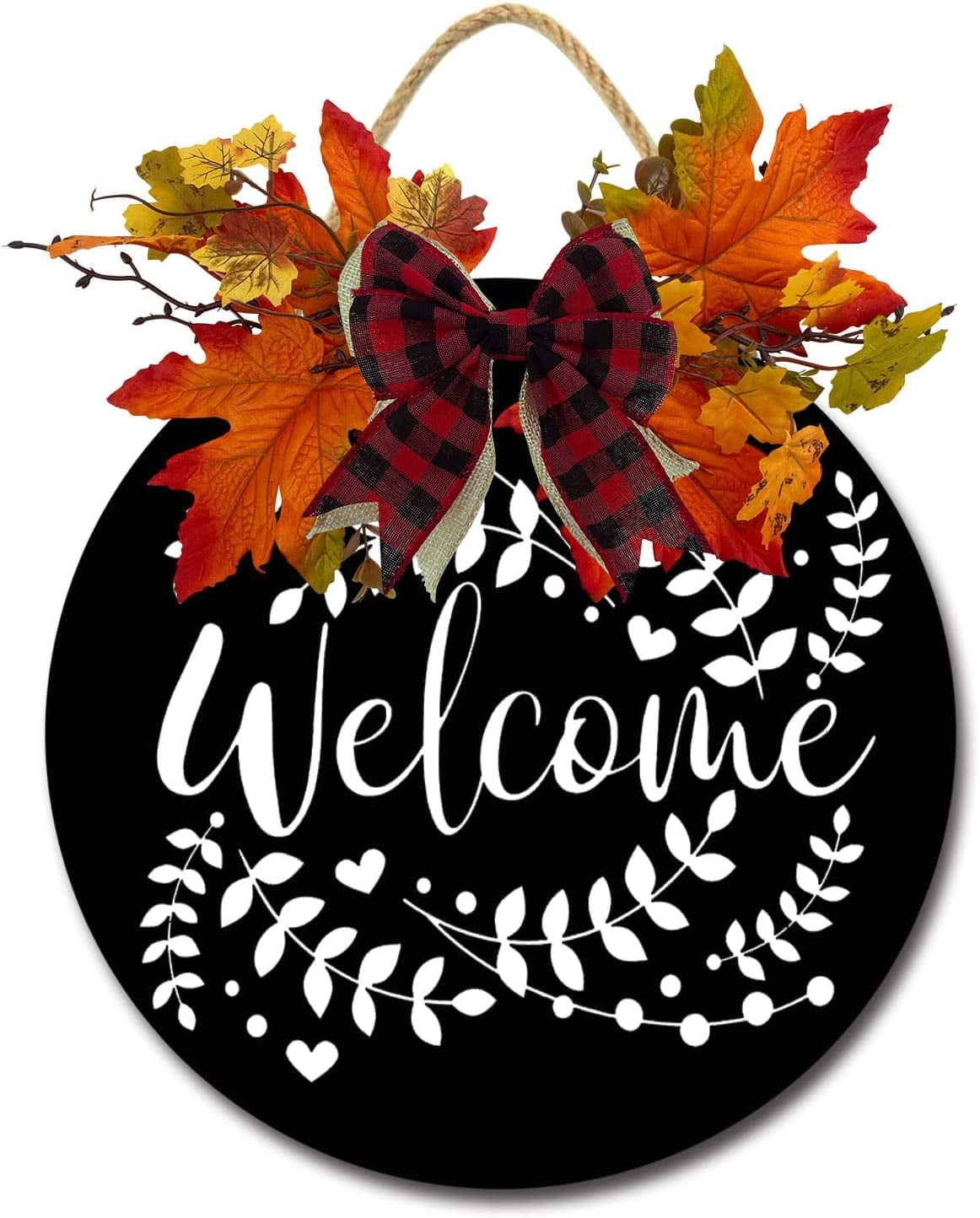 Eveokoki 11" Welcom, Rustic Door Wreaths Sign with Fall Leaves, Round ...