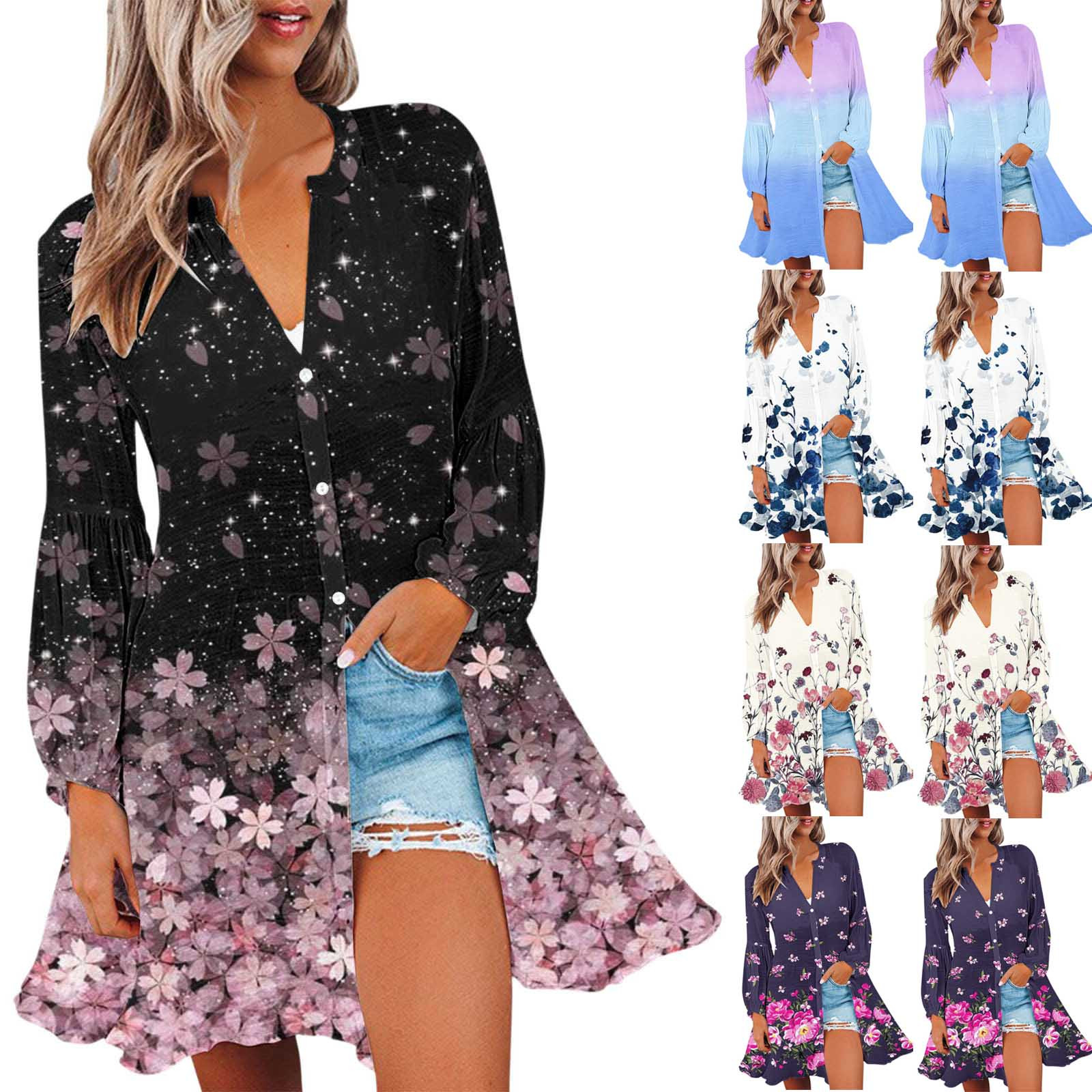 Women's Linen Shirts Button Down Lantern Long Sleeve Tops V Neck Solid ...