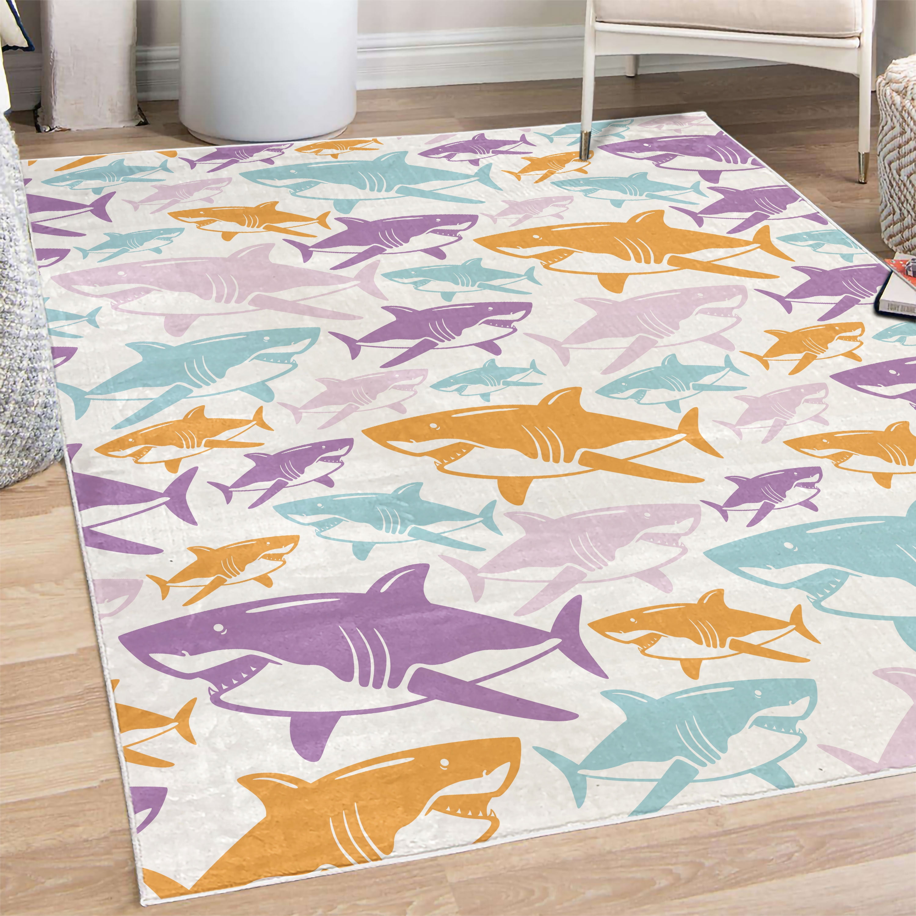 Shark Decorative Rug, Colorful Underwater Fish Pattern Masters Survival ...