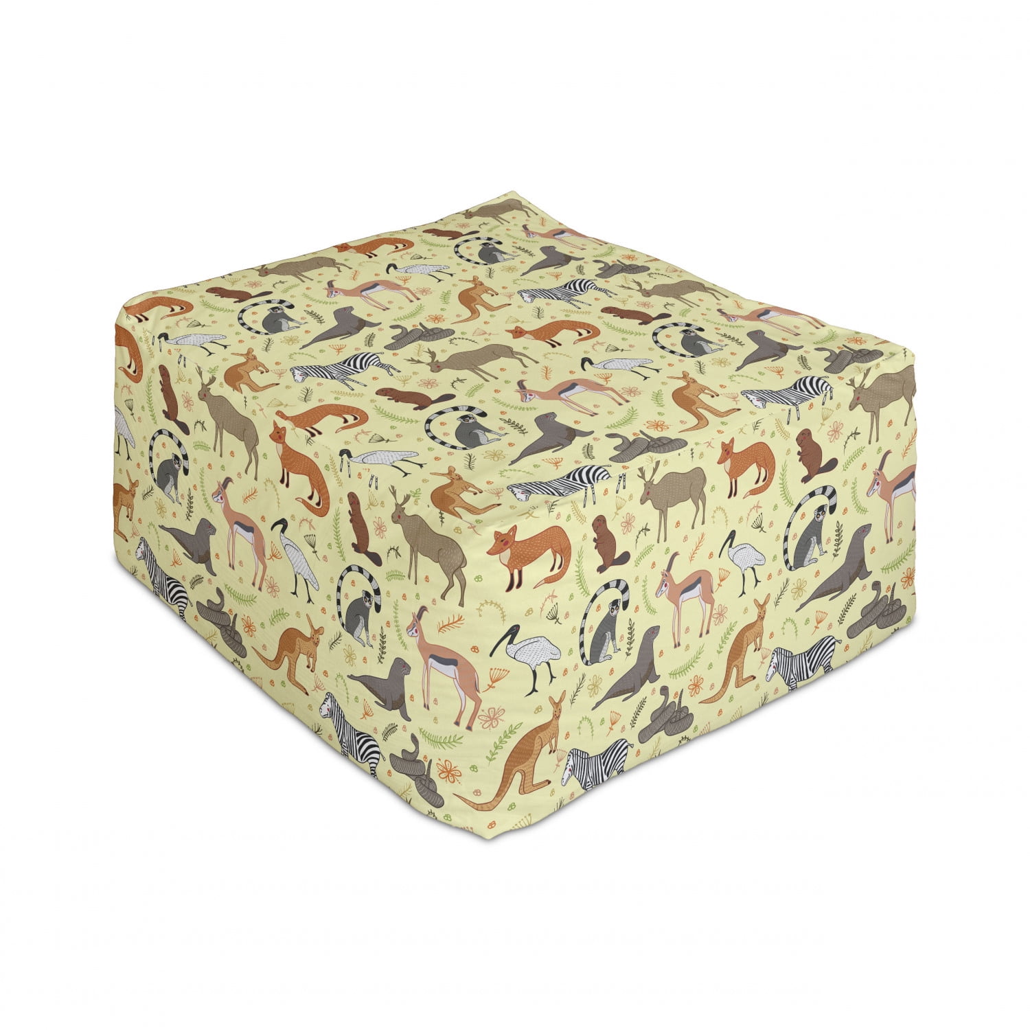 Zoo Rectangle Pouf, Safari Animals Exotic Zebra Fox Beaver Antelope ...