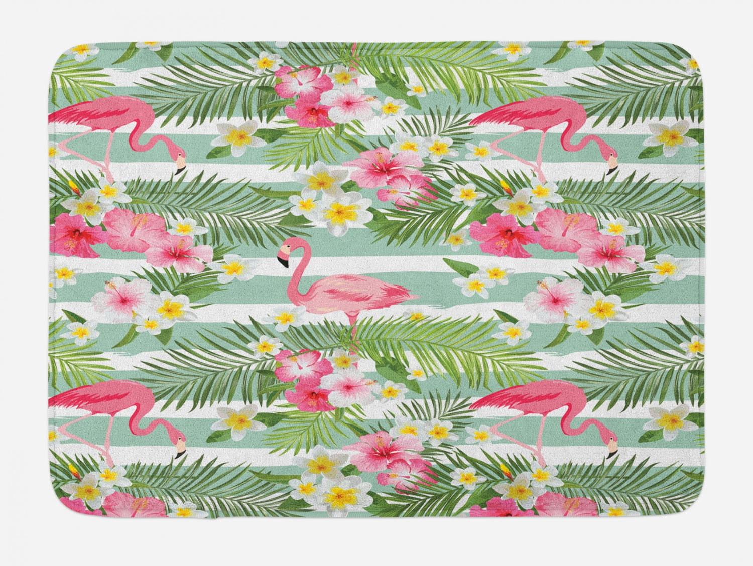 Flamingo Bath Mat, Flamingos with Exotic Hawaiian Leaves Flowers on ...