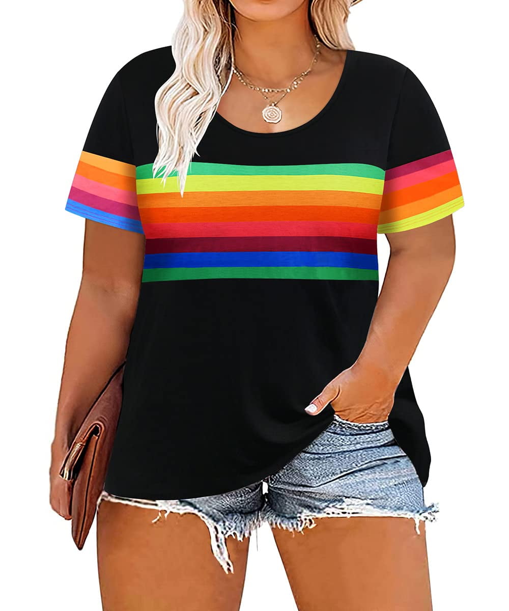 TIYOMI Rainbow Plus Size Tops Womens Gaphic Short Sleeve Summer Black T ...