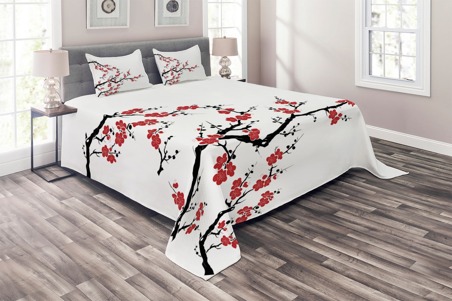 Japanese Coverlet, Simplistic Cherry Blossom Tree Botanic Themed ...
