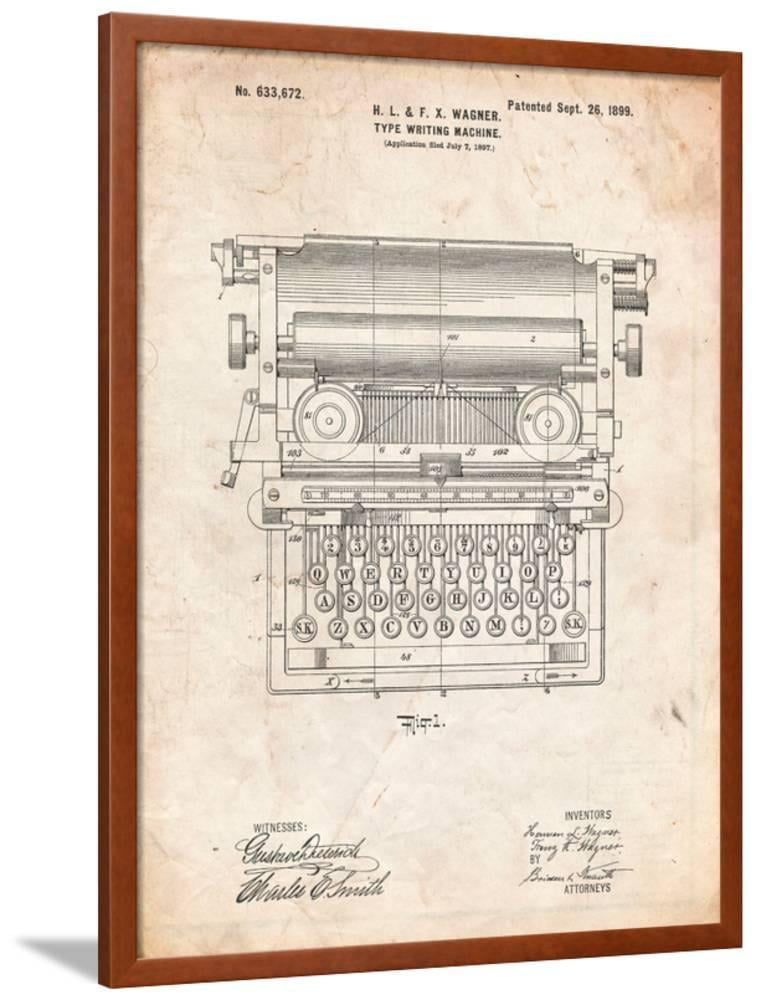Underwood Typewriter Patent, Framed Art Print Wall Art by Cole Borders ...