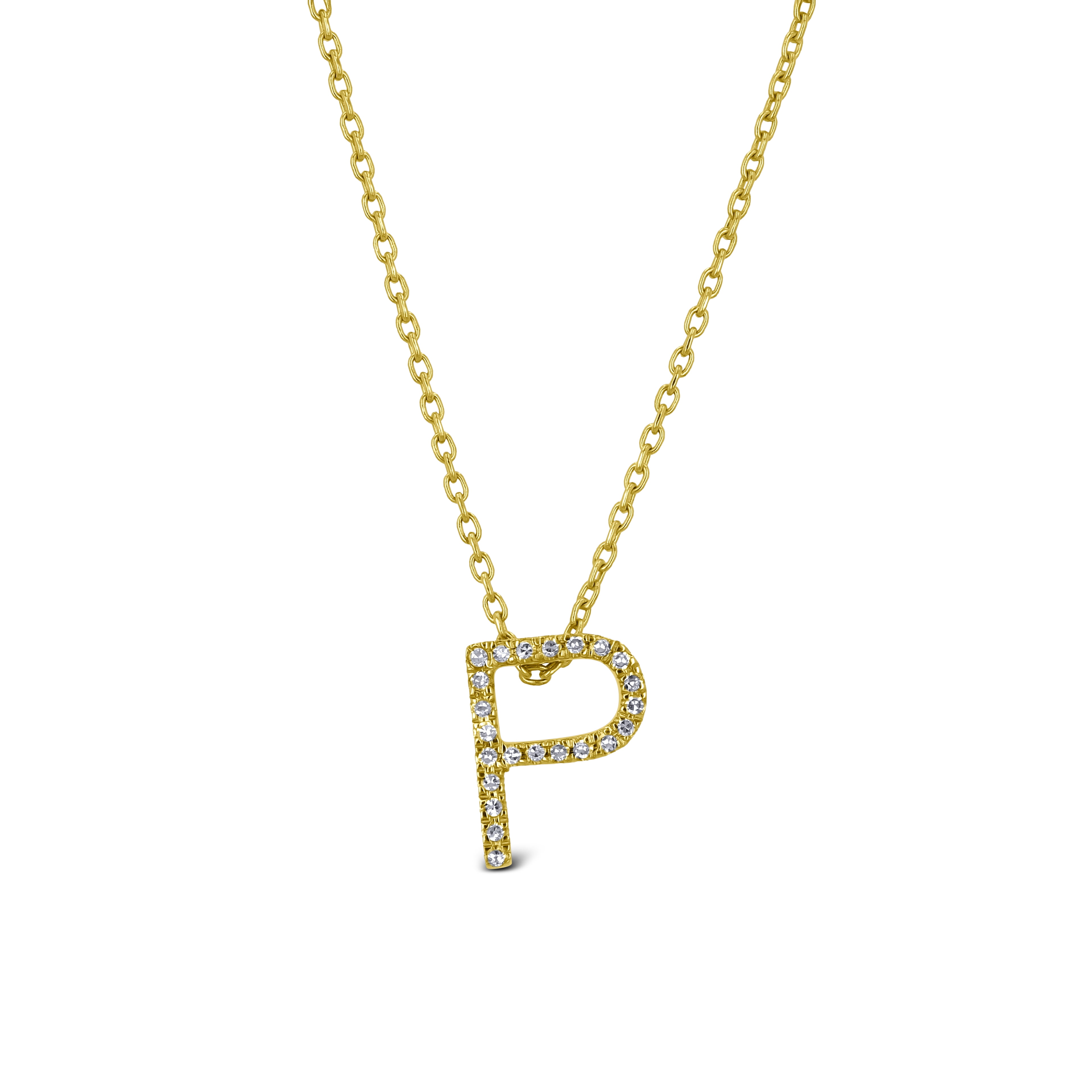 14K Solid Yellow Gold Diamond 'P' Initial Letter Pendant Necklace ...