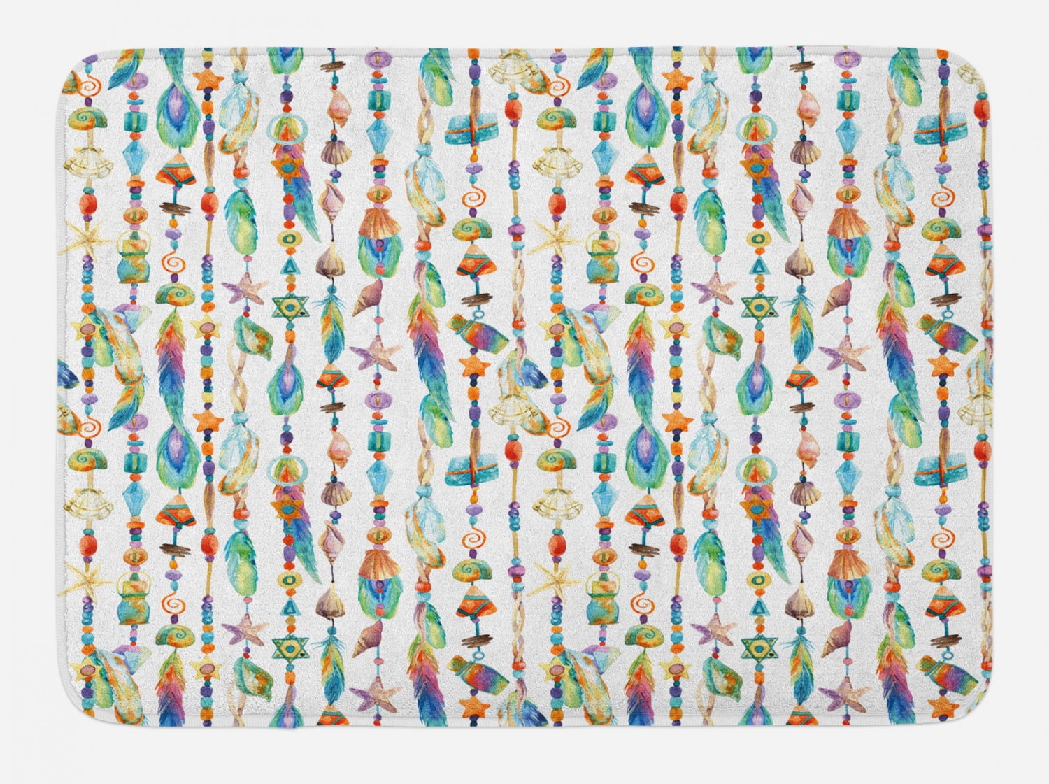 Feather Bath Mat, Watercolor Style Figures with Sea Shells Nautical ...