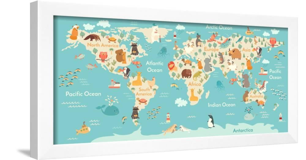 Animals World Map for Children, Kids Animals Poster Continent Animals ...
