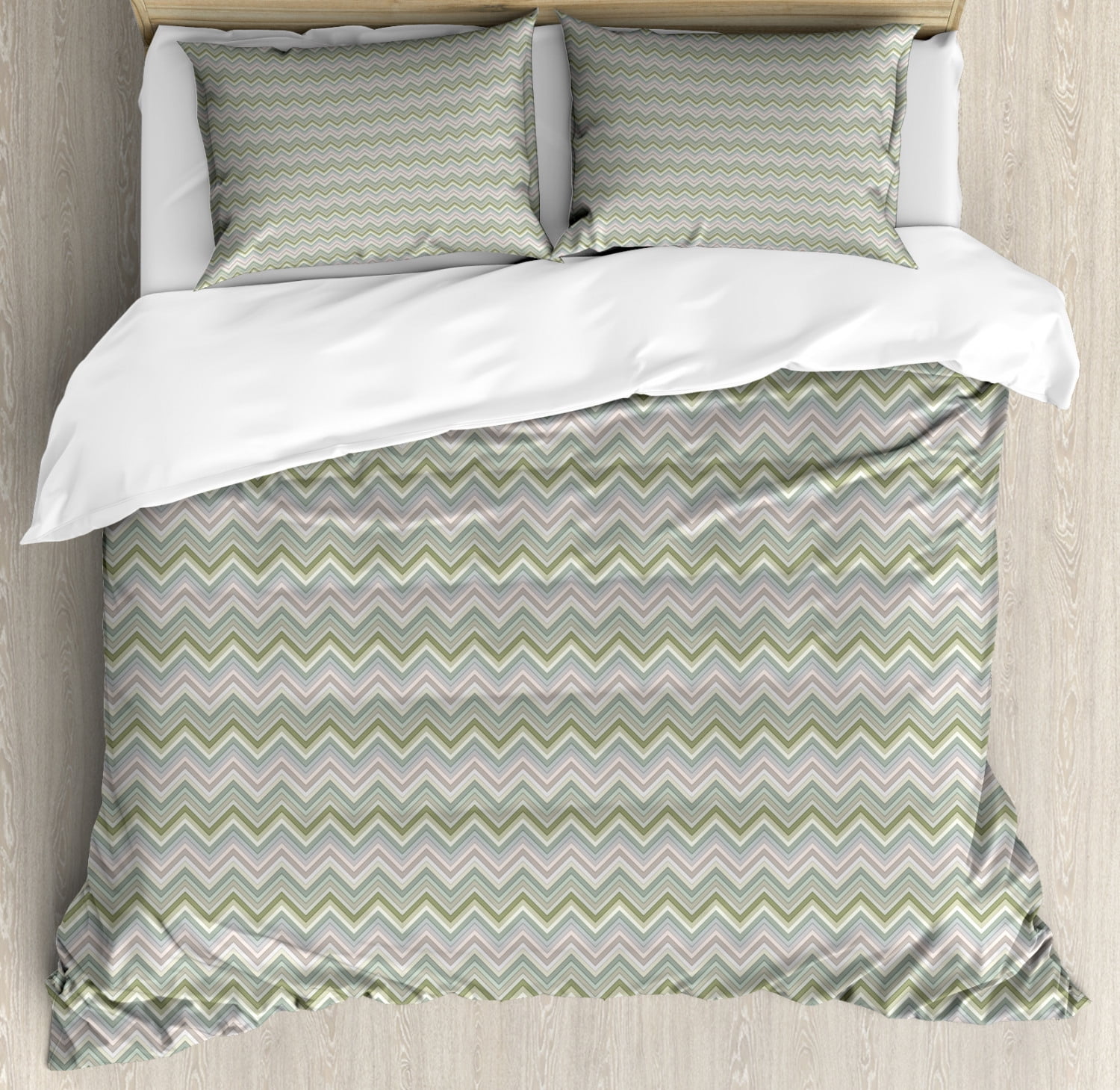 Muted Colors Duvet Cover Set Queen Size, Horizontally Aligned Chevron ...