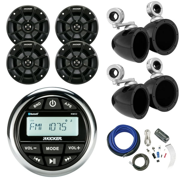 Kicker KMC2 Gauge Mount Media Center Marine Grade Receiver, 4x Kicker 4 ...
