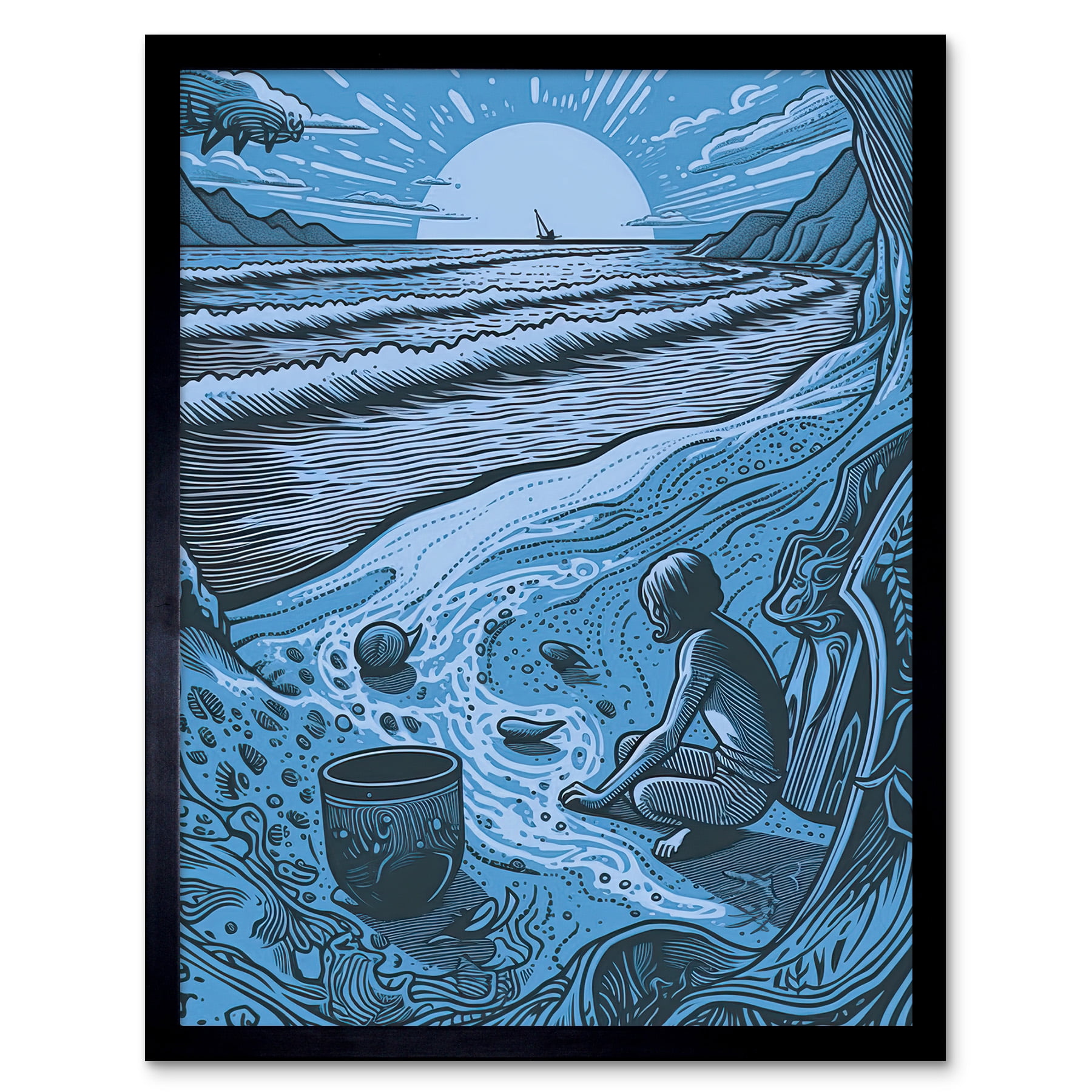 Beachcombing Coastal Landscape Blue Illustration Art Print Framed ...