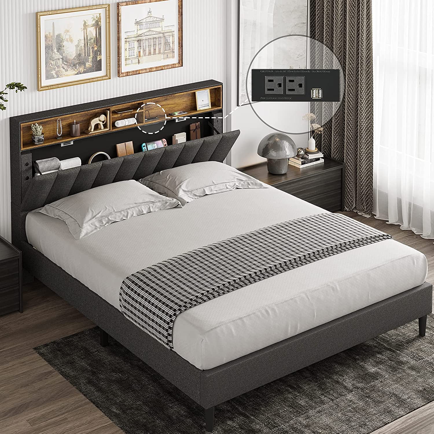 Queen Bed Frame With Outlet And USB Ports Modern Upholstered Platform