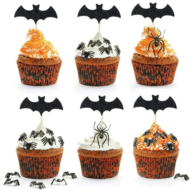 24Pcs Black Glittery Bat Cupcake Topper- Halloween Party tions ...