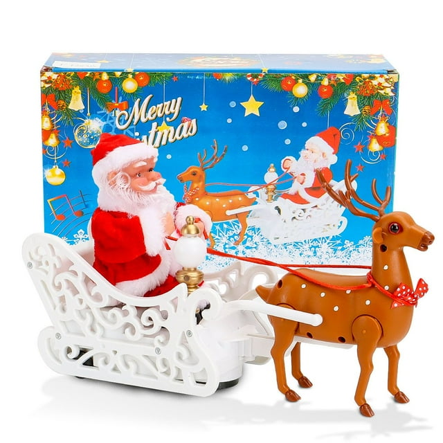 Deago Electric Santa Claus on Sleigh with Music Reindeer Lights Doll ...