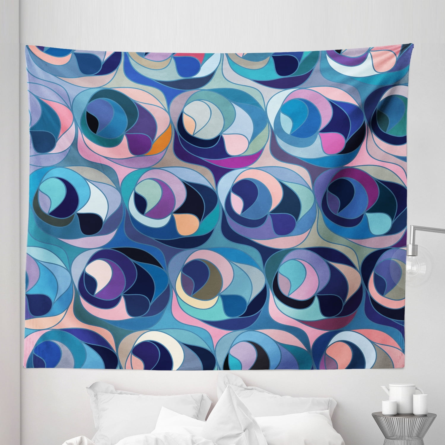 Abstract Tapestry, Motley Retro Colored Curvy Shapes Continuous Funky ...