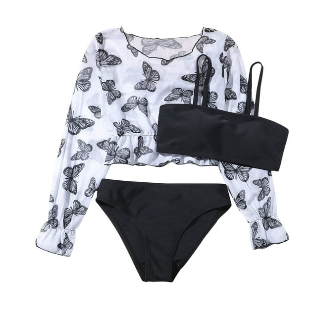 Girls Swimsuit Girl's 3 Piece Swimsuits Butterfly Prints Bikini Bathing ...