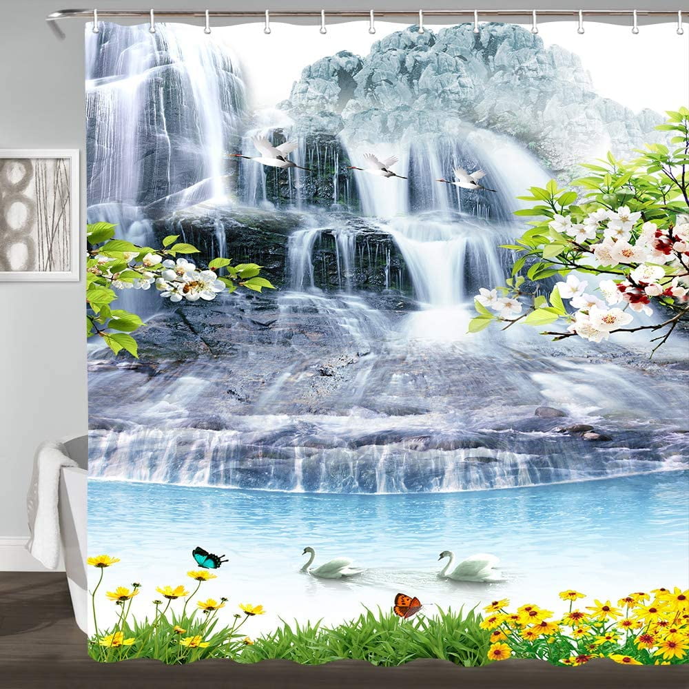 Nature 3D Print Decor Shower Curtain Waterfall Mountain Swin Polyester ...