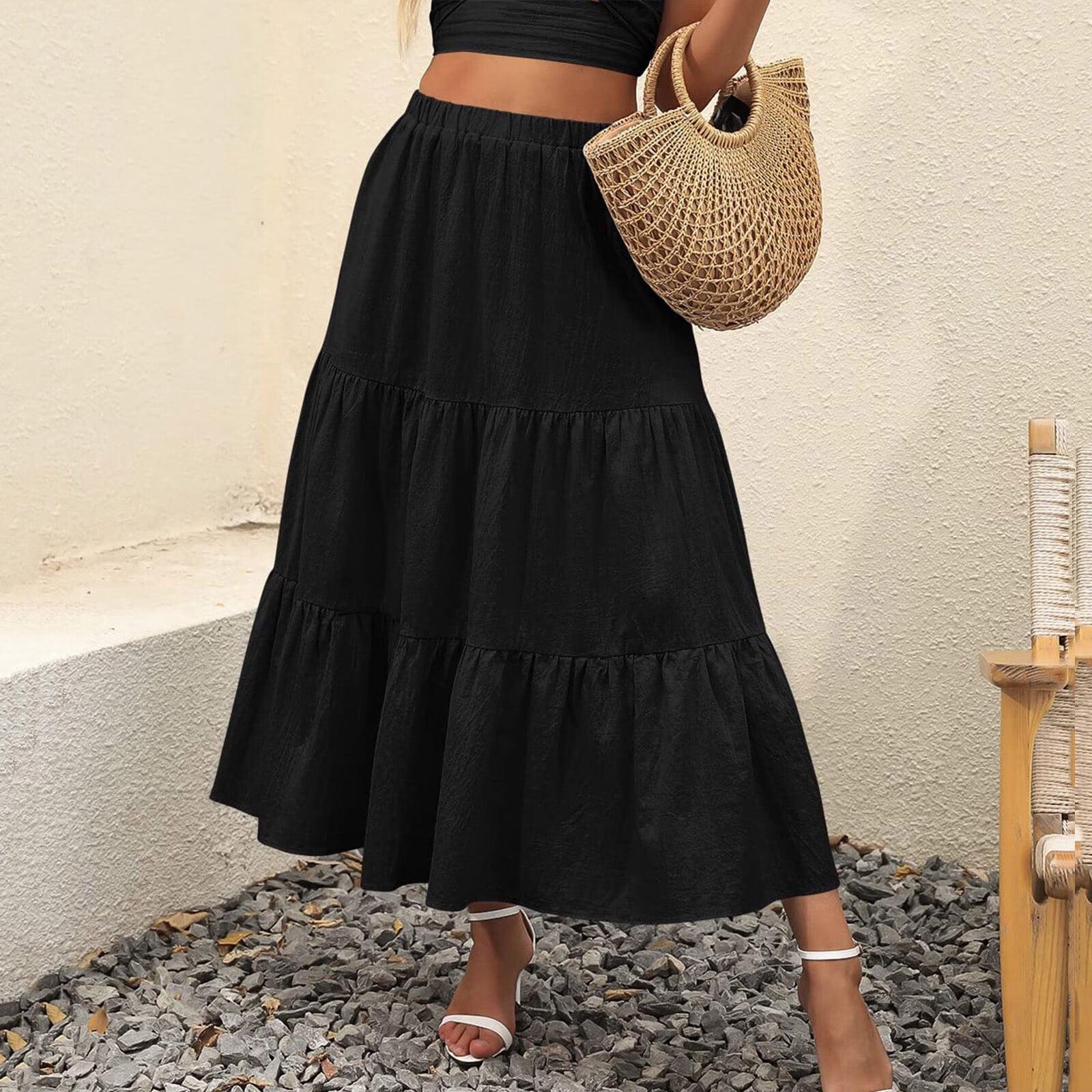 Wng Womens Summer Boho Elastic Waist Pleated A Line Flowy Swing Tiered
