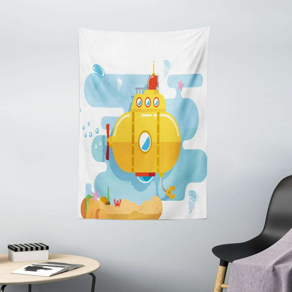 Yellow Submarine Decor Tapestry, Submarine Underwater Illustration Crab ...