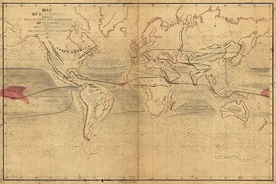 Map of the world showing the extent and direction of the wind and the ...