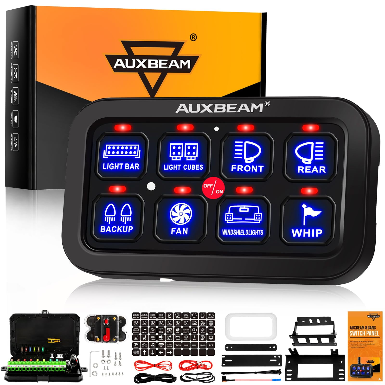 Auxbeam 8 Gang Switch Panel BA80, Universal Circuit Control Relay ...