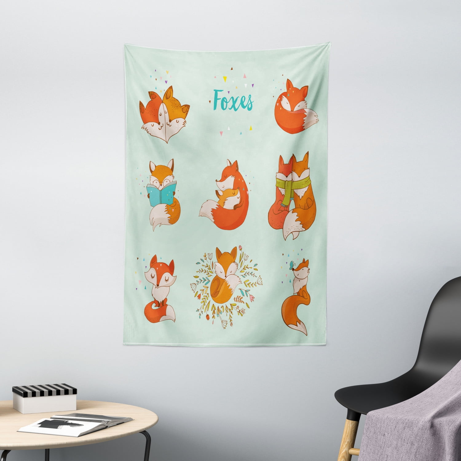 Fox Tapestry, Lovely Fox Characters Sleeping Reading Romantic Couple ...