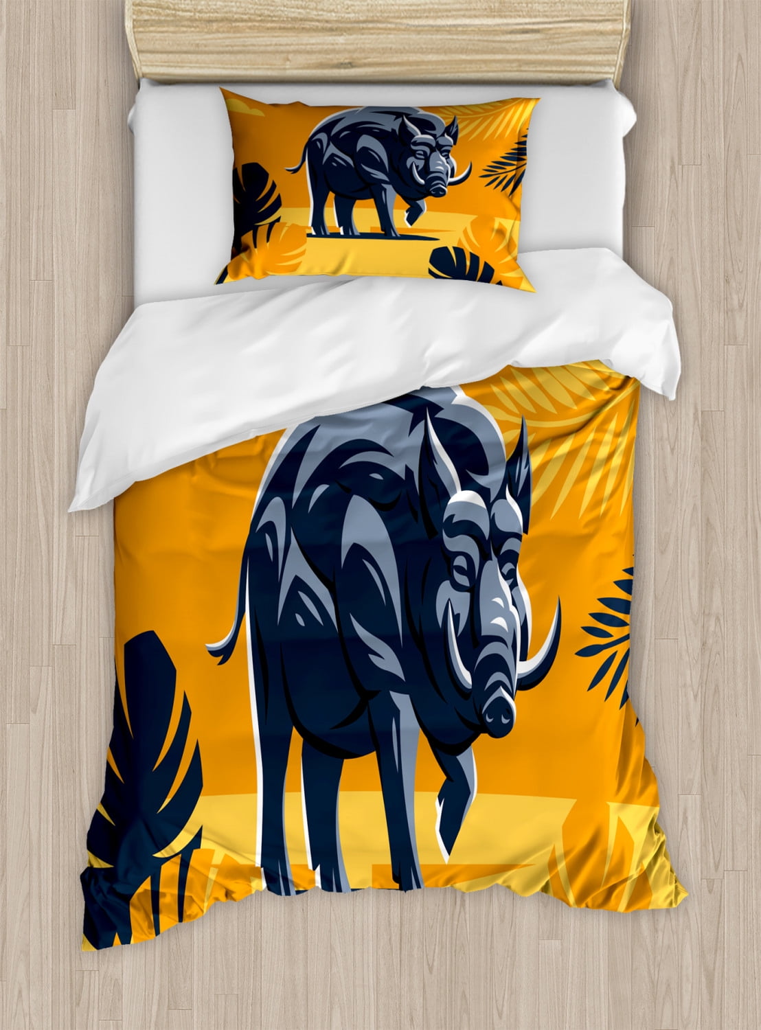 Razorback Duvet Cover Set Twin Size, Strong Wild Hog Boar with Tropical ...