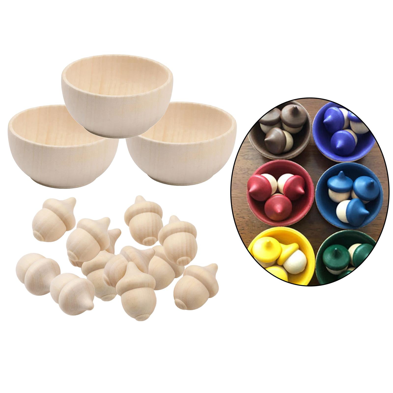 Natural Wooden Acorns Wood Shapes 10 Acorns and 3 Bowls Counting ...
