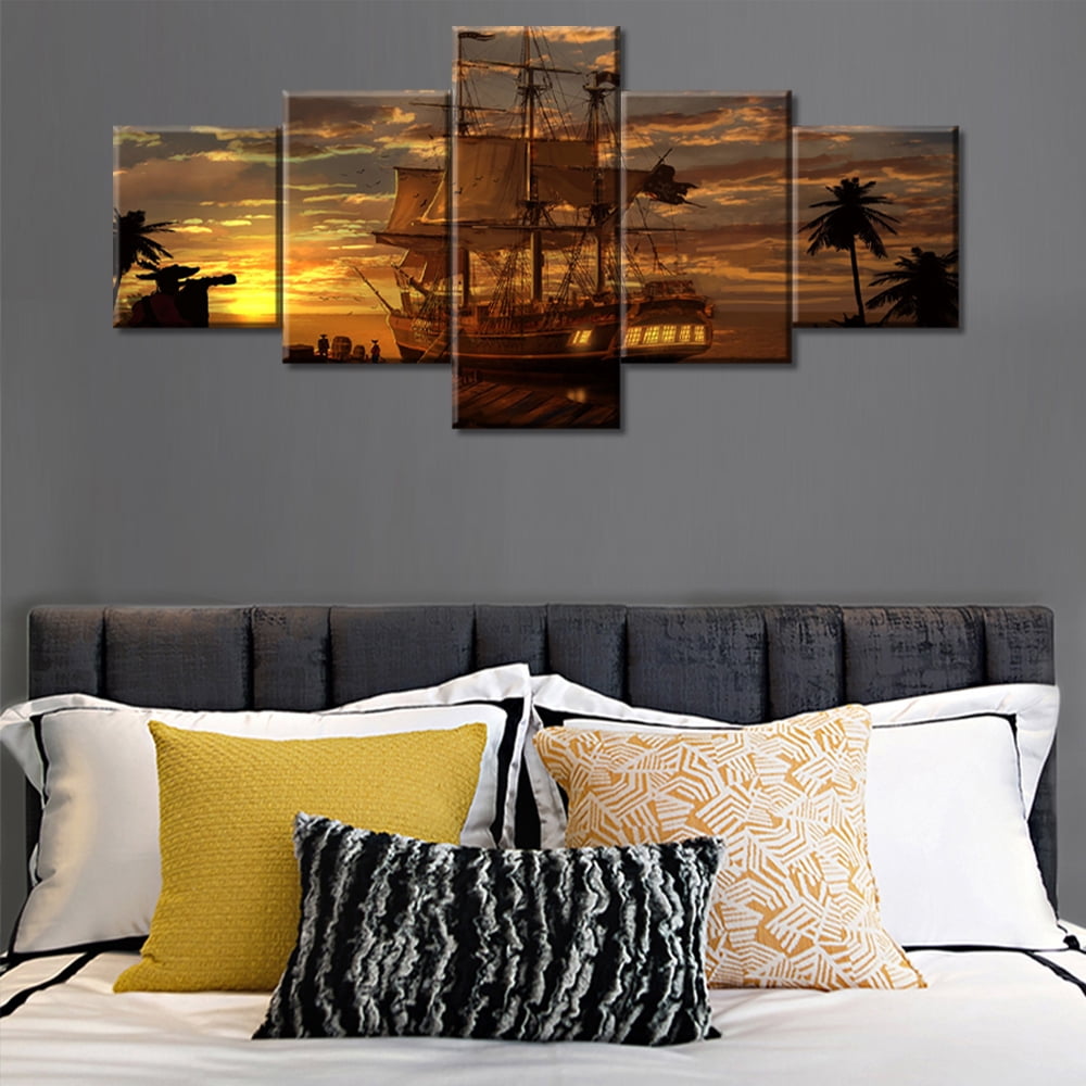 TISHIRON 5PCS Framed Canvas Wall Art Set,50"x24" Sunset Sailboat ...