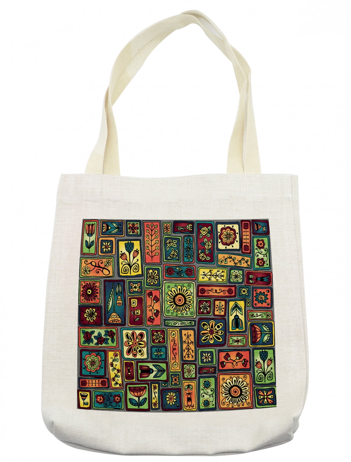 Doodle Tote Bag, Abstract Doodle Flowers Leaves and Hearts in ...