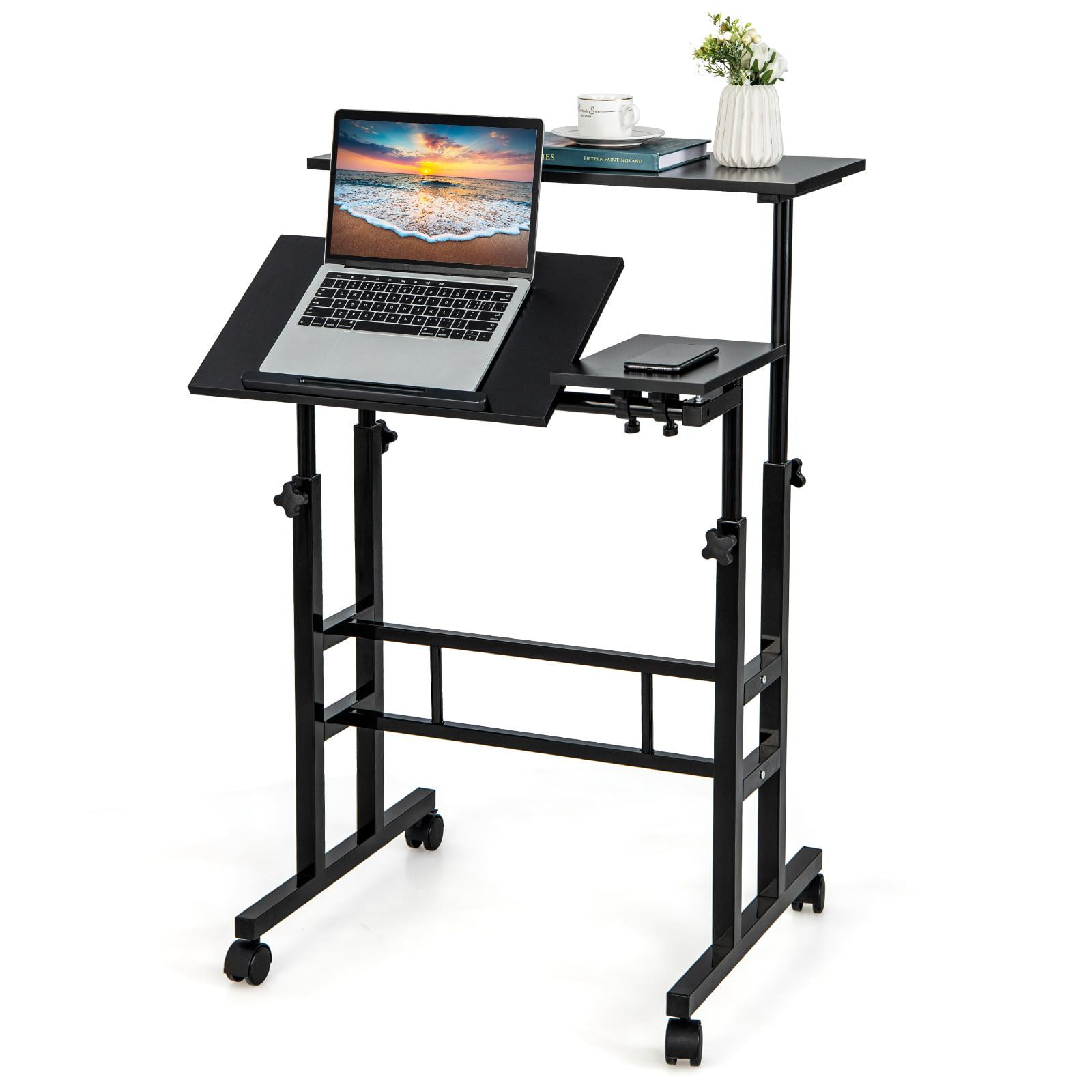 Giantex Mobile Stand up Computer Desk, Rolling Standing Laptop Cart w/2 ...