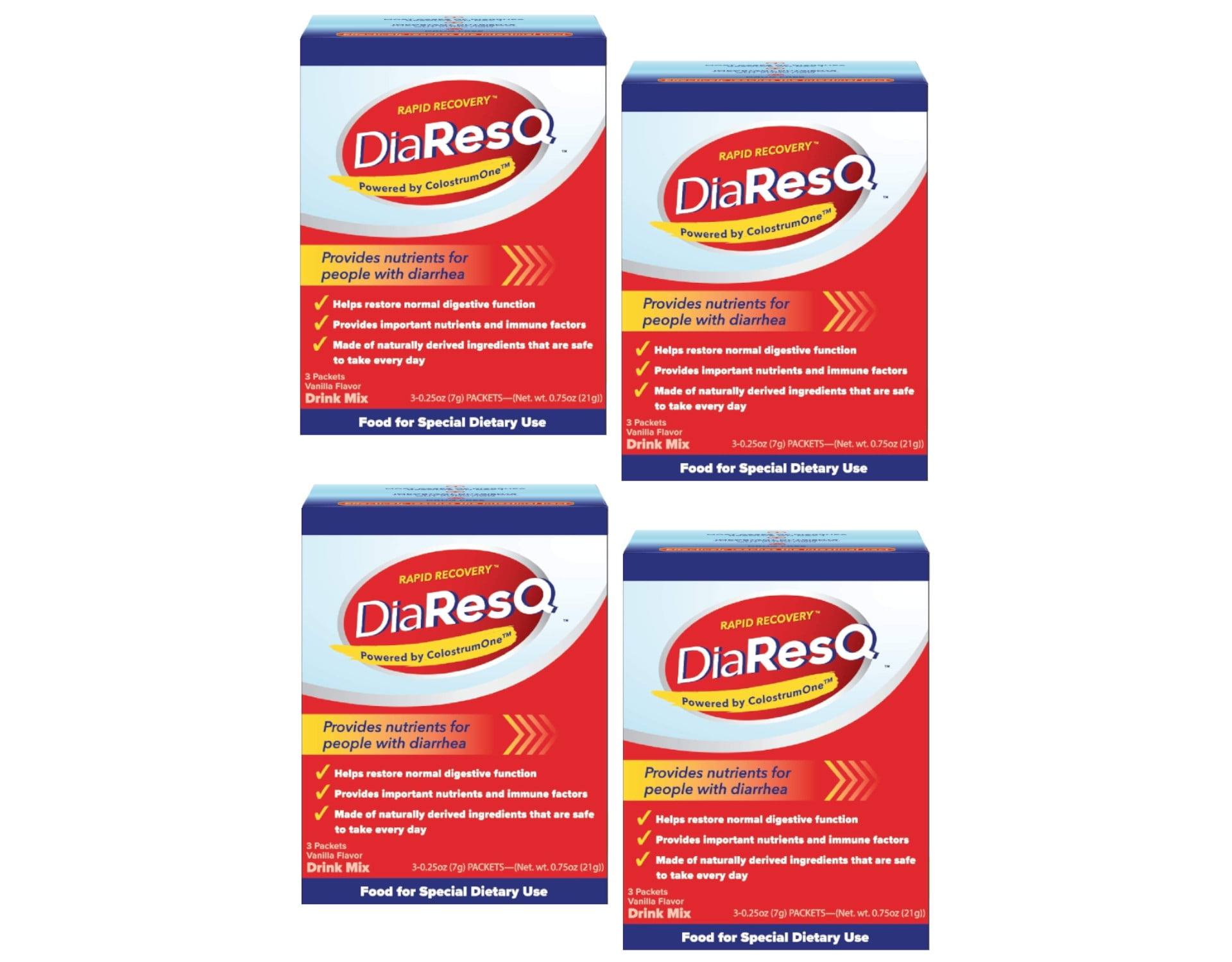 4 Pack Rapid Recovery DiaResQ Diarrhea Relief, .25oz Per Packet, 3 ...