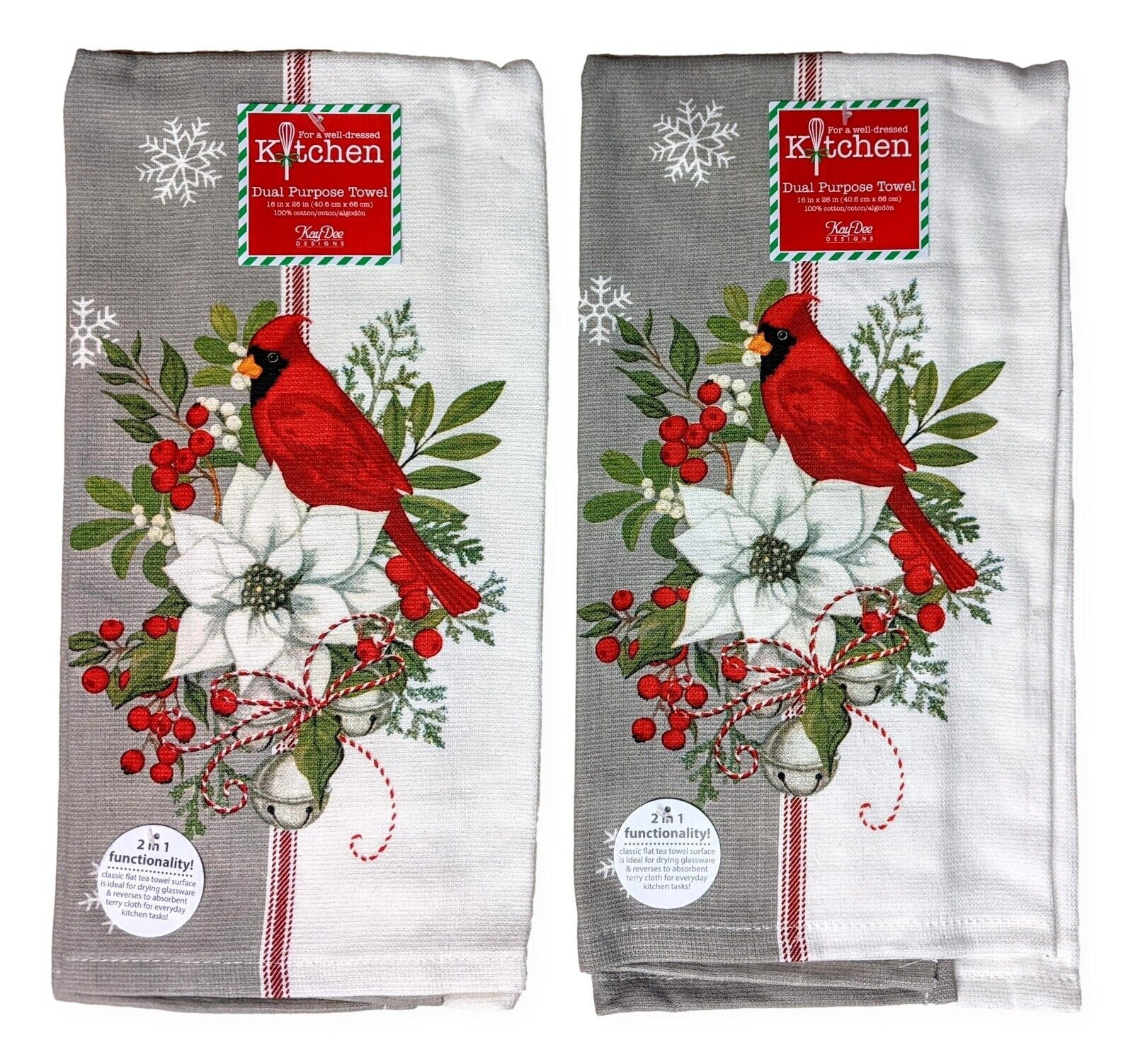 Set of 2 WINTERBERRY Garden Poinsettia Terry Kitchen Towels by Kay Dee ...