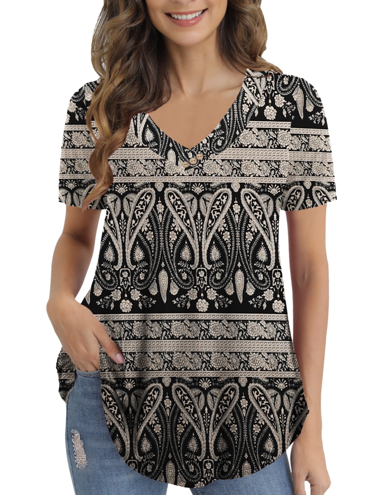 Folunsi Womens Plus Size Tops V Neck Short Sleeve Shirt Floral Blouses