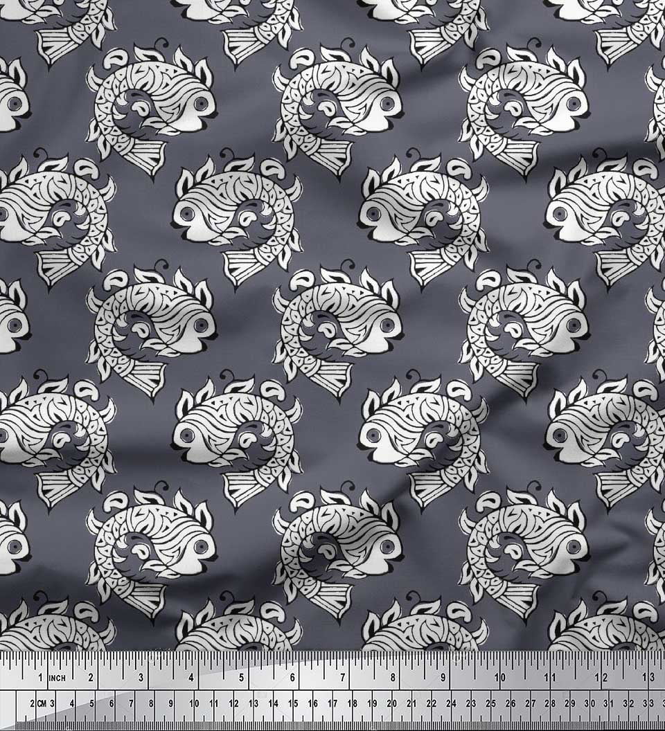 Soimoi Satin Silk Fabric Fish Block Print Fabric by The Yard 42 Inch ...
