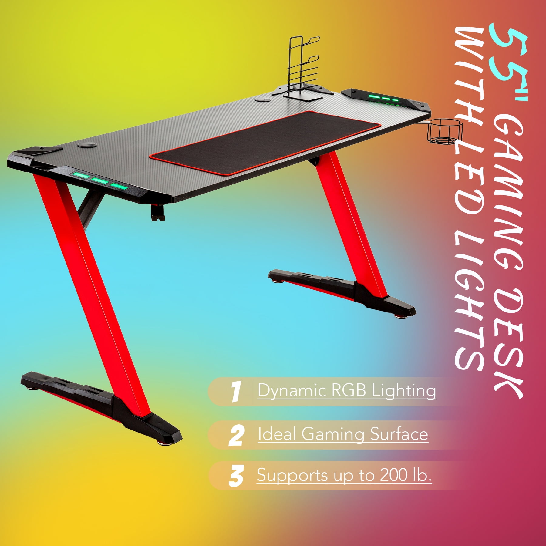 4'7" Gaming Table Z Shape Gaming Desk w 6-Color LED Lights & Large ...