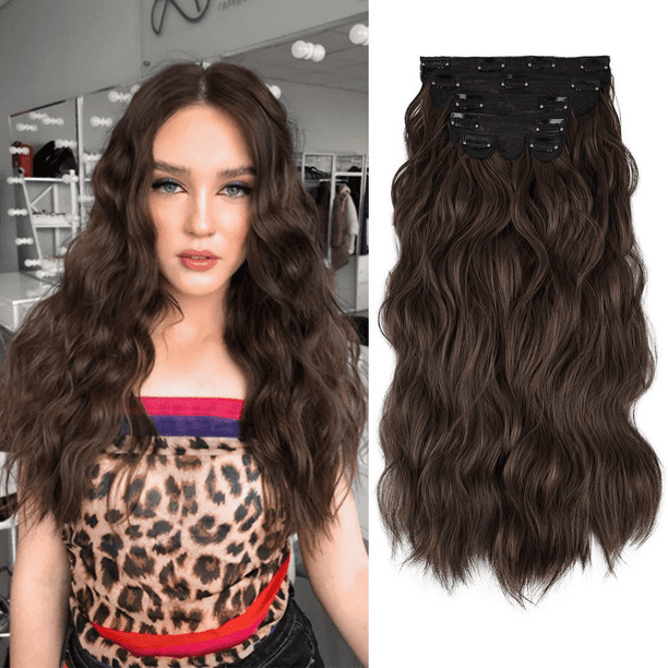 MORICA Clip In Hair Extensions 20 Inch 6pcs Long Wavy Curly Brown Hair ...