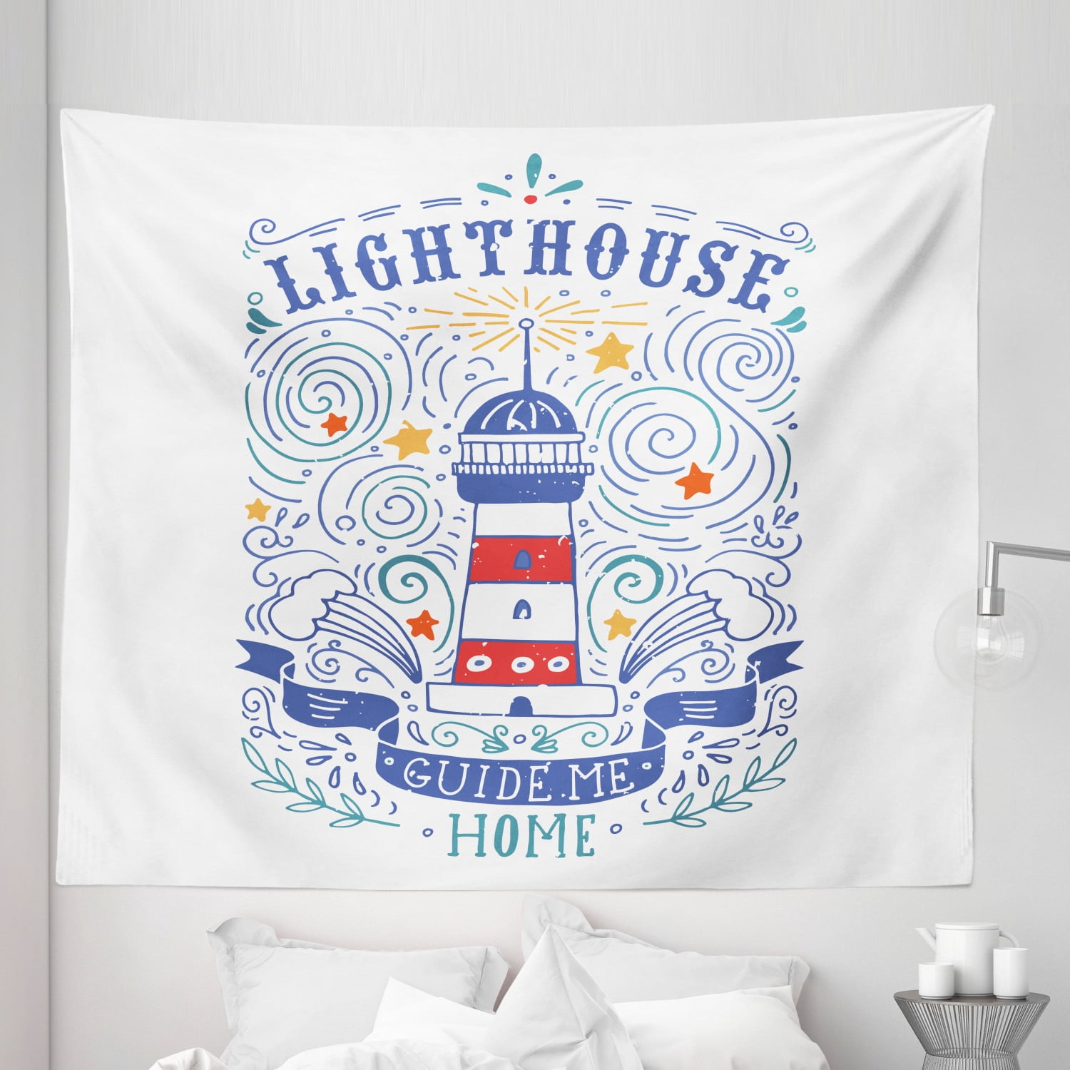 Lighthouse Tapestry, Vintage Hand-Drawn Lighthouse Print Typography ...