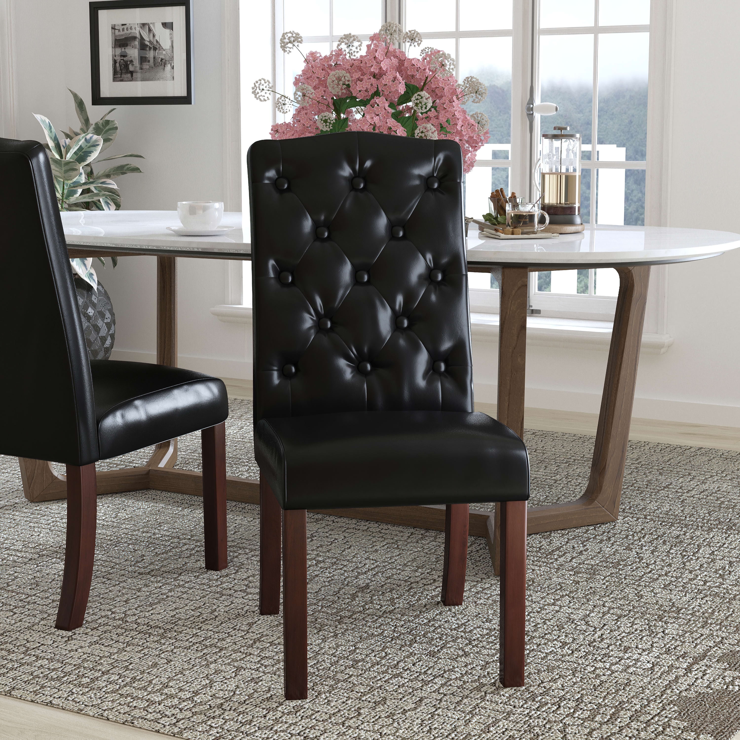 BizChair Black LeatherSoft Diamond Patterned Button Tufted Parsons ...