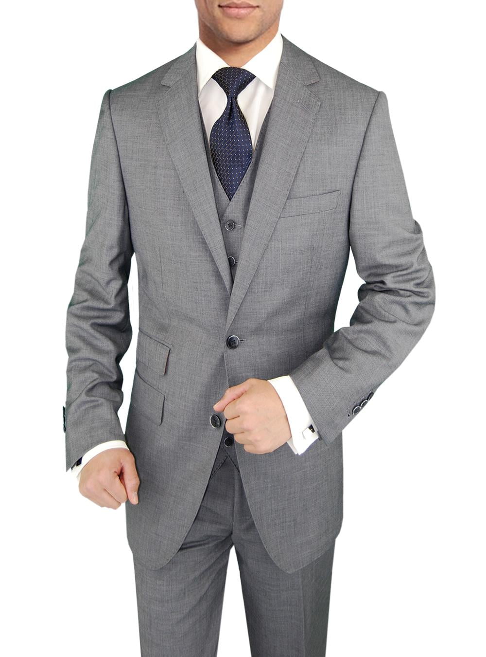 Mens Ticket Pocket 3-piece Gray Wool Trim Fit Vested Suit - Walmart.com