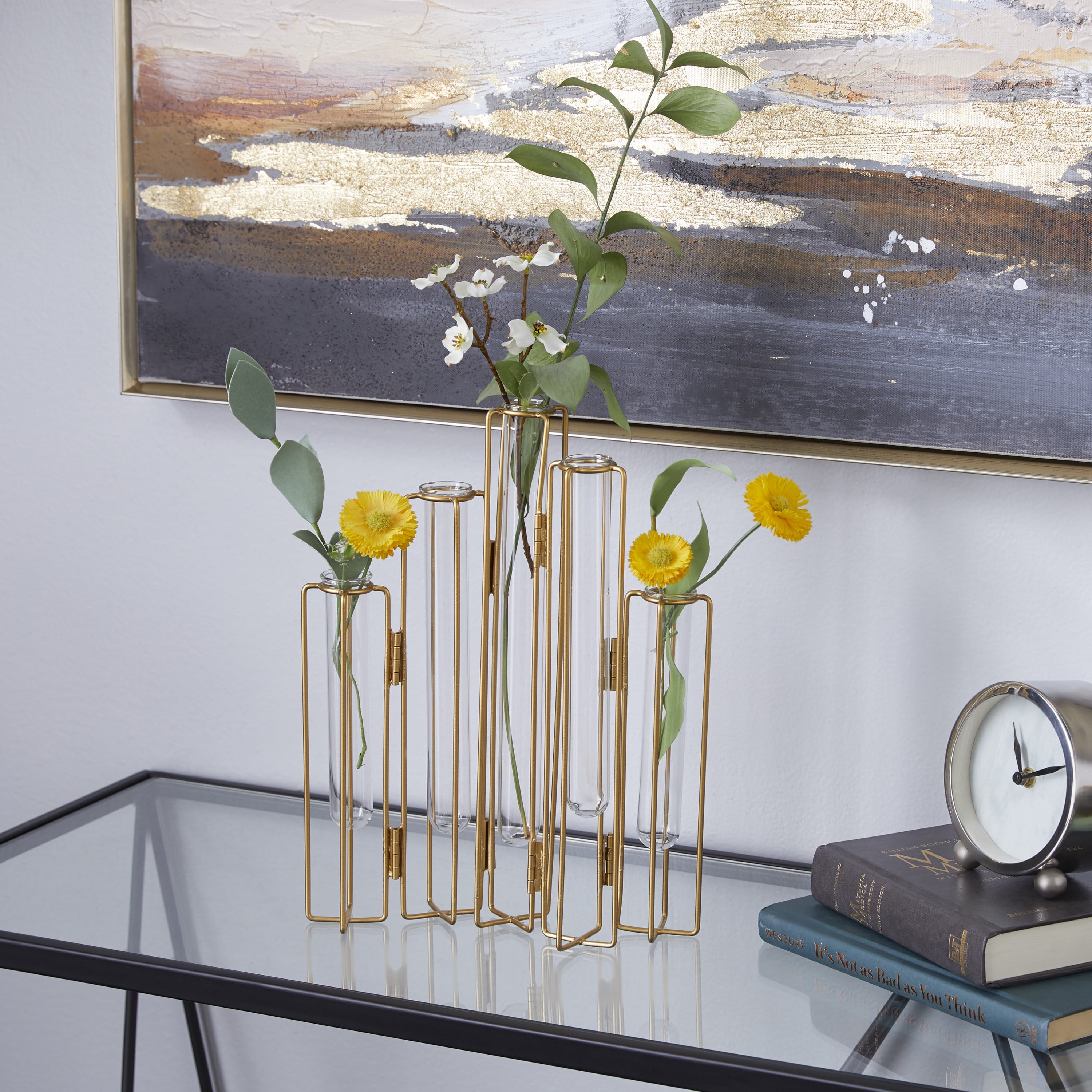 DecMode 12" Foldable Gold Metal Vase with Clear Glass Tubes - Walmart.com
