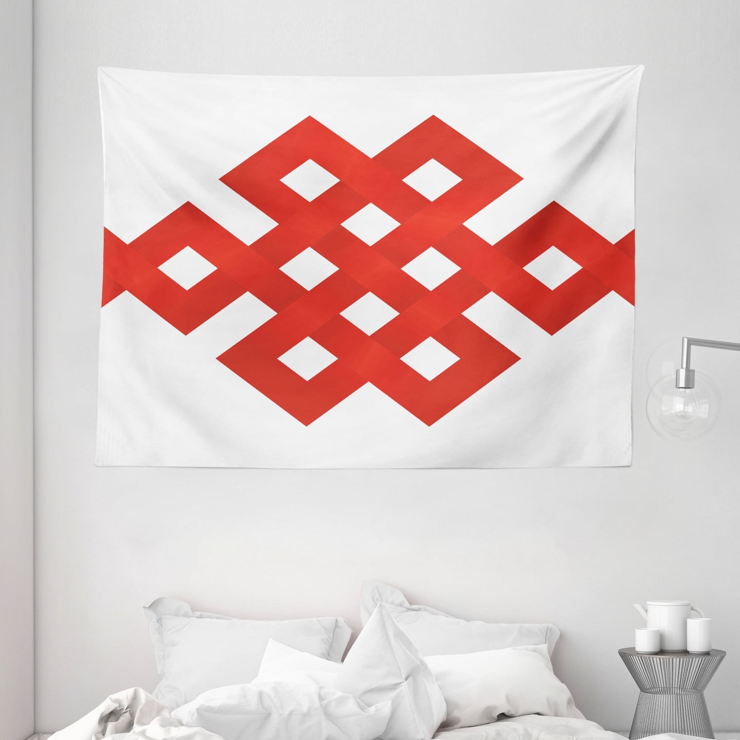 Red Tapestry, Geometric Tangled Lines Forming Square Shapes Border ...
