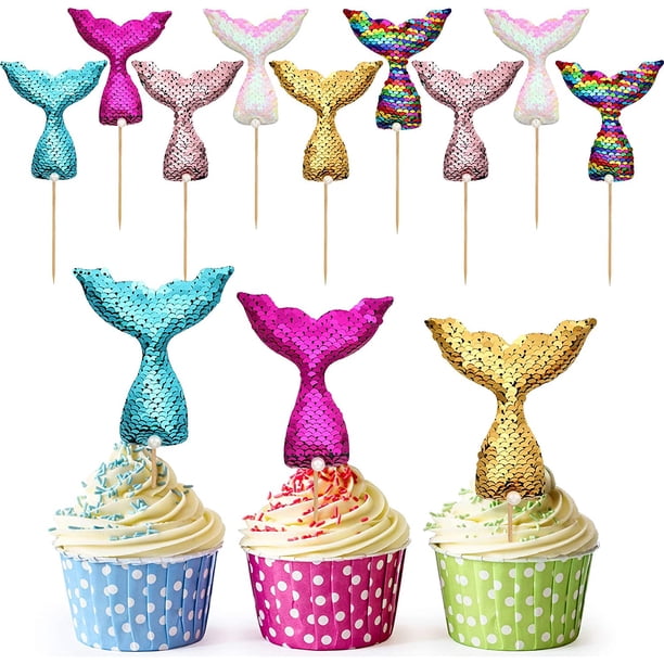 12 Pieces Mermaid Cupcake Toppers Little Sequin Cupcake Picks Under The ...