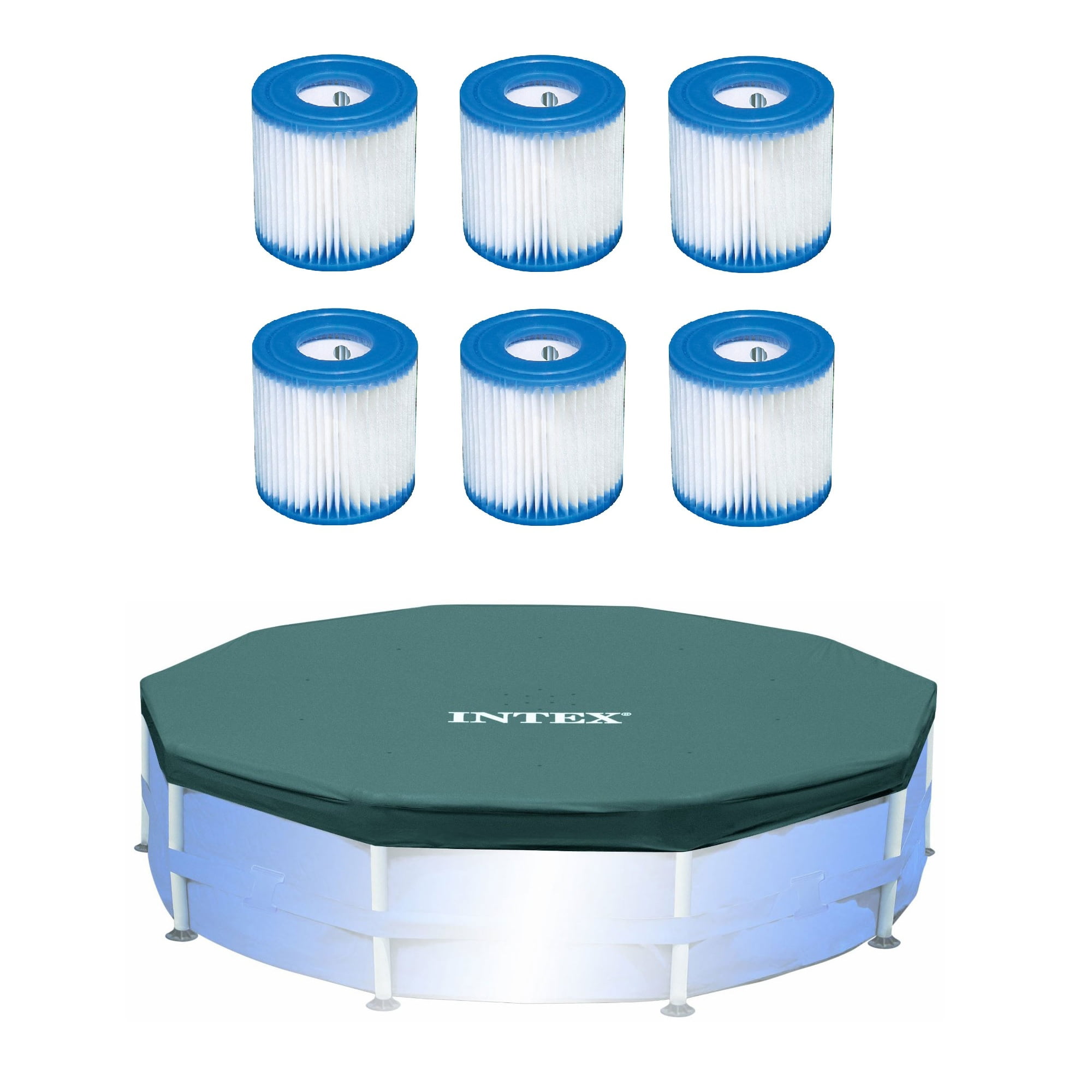 Intex Pool Filter (6 Pack) with Intex 10-Foot Round Above Ground Pool ...