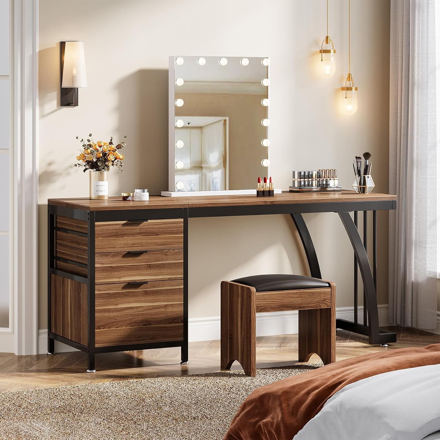 Click here for Tribesigns 59-Inch Walnut Vanity Desk With 3 Drawe... prices