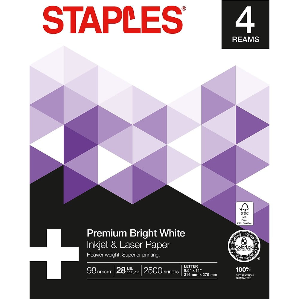 Staples 8.5" x 11" Laser Paper 28 lbs. 98 Brightness 500/RM 4 Reams ...