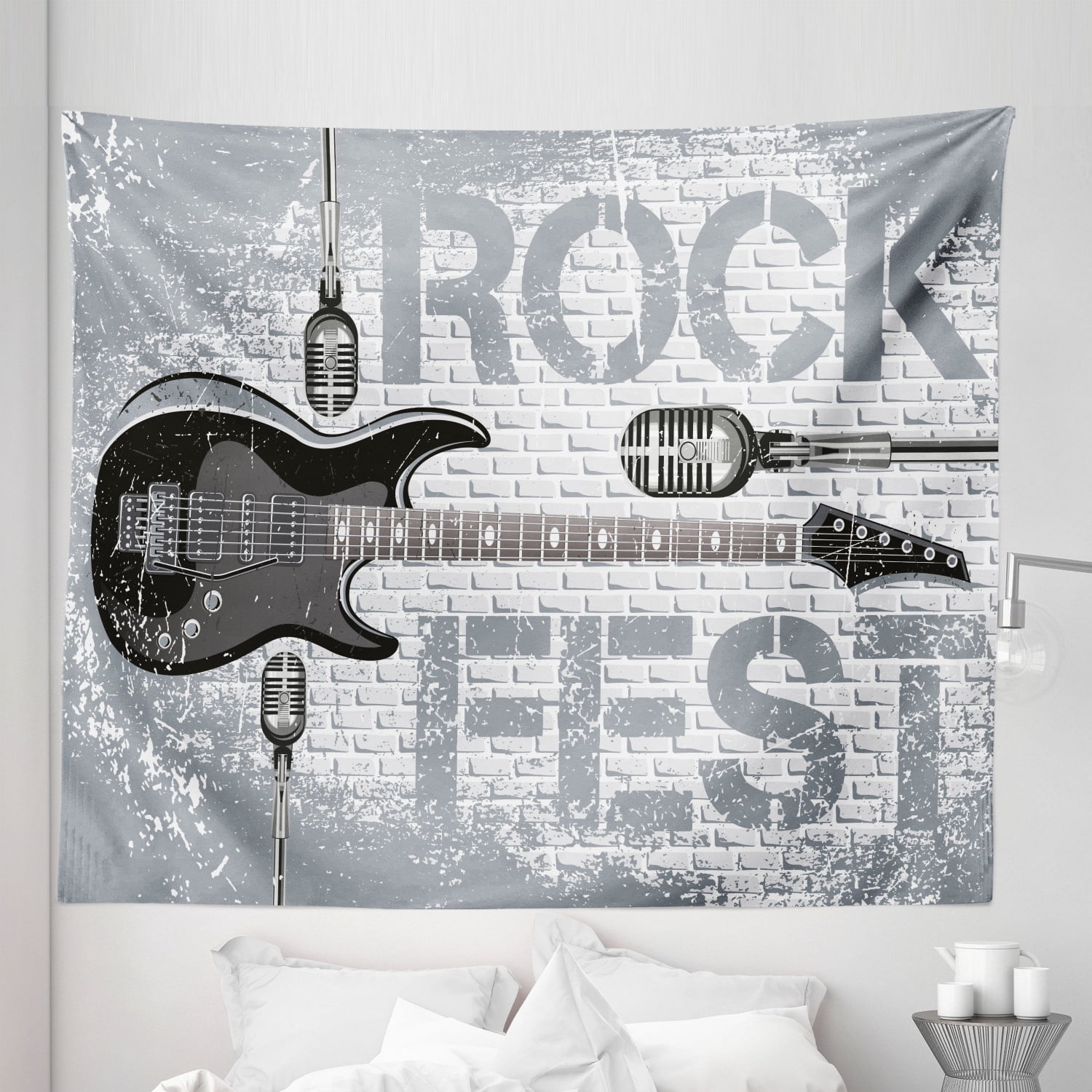 Rock Music Tapestry, Grunge Color Splashed Brick Wall Background ...