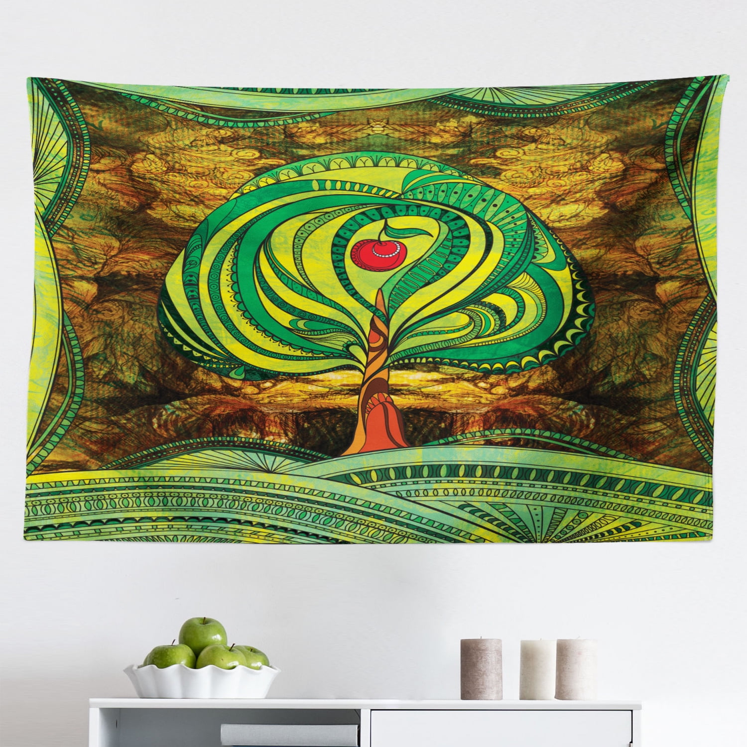Trippy Tapestry, Indie Style Sketchy Retro Tree with Flower Forms on ...